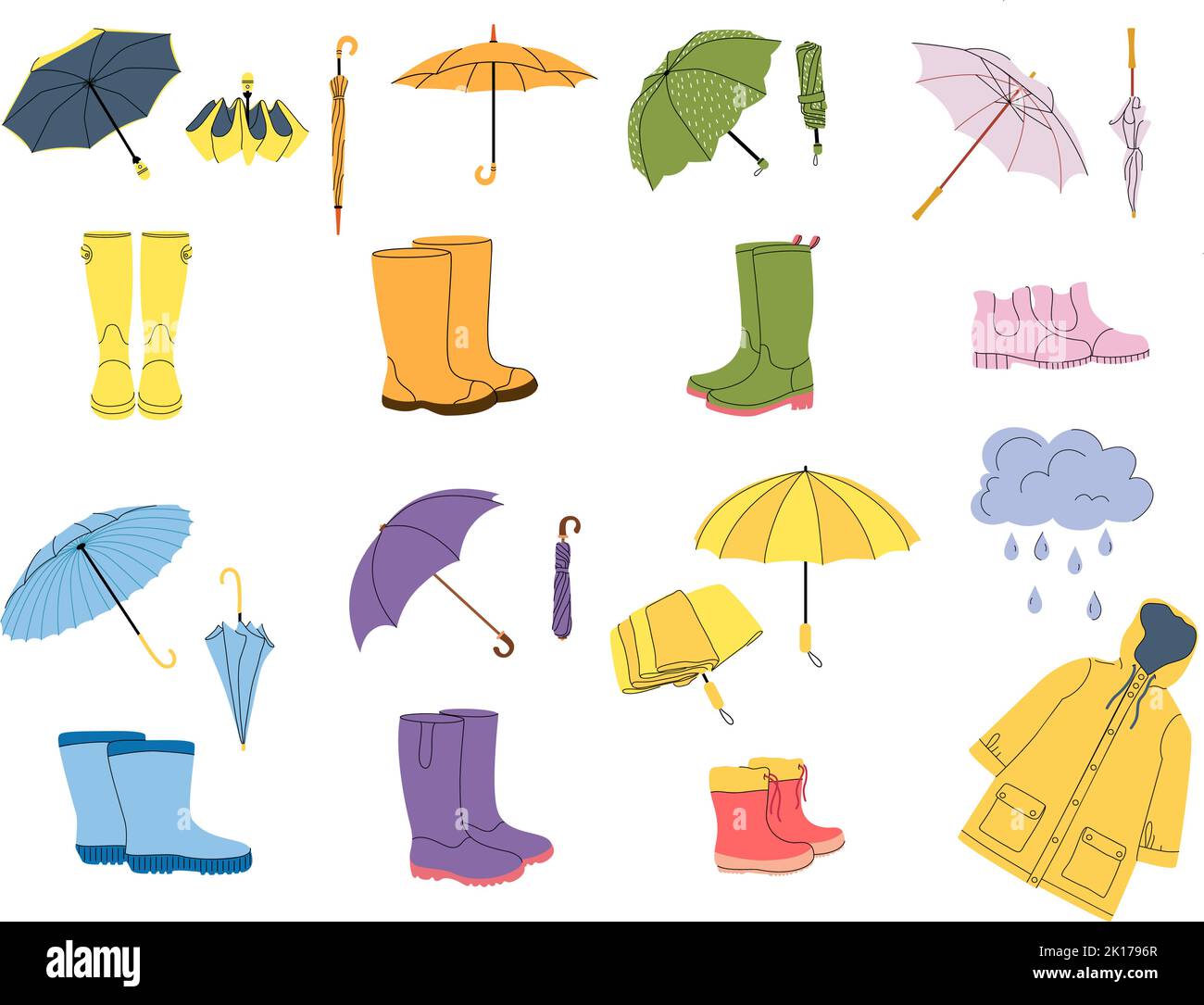 Accessories for rainy weather. Rain boots, raincoat and umbrella. Rubber footwear, folded and ...