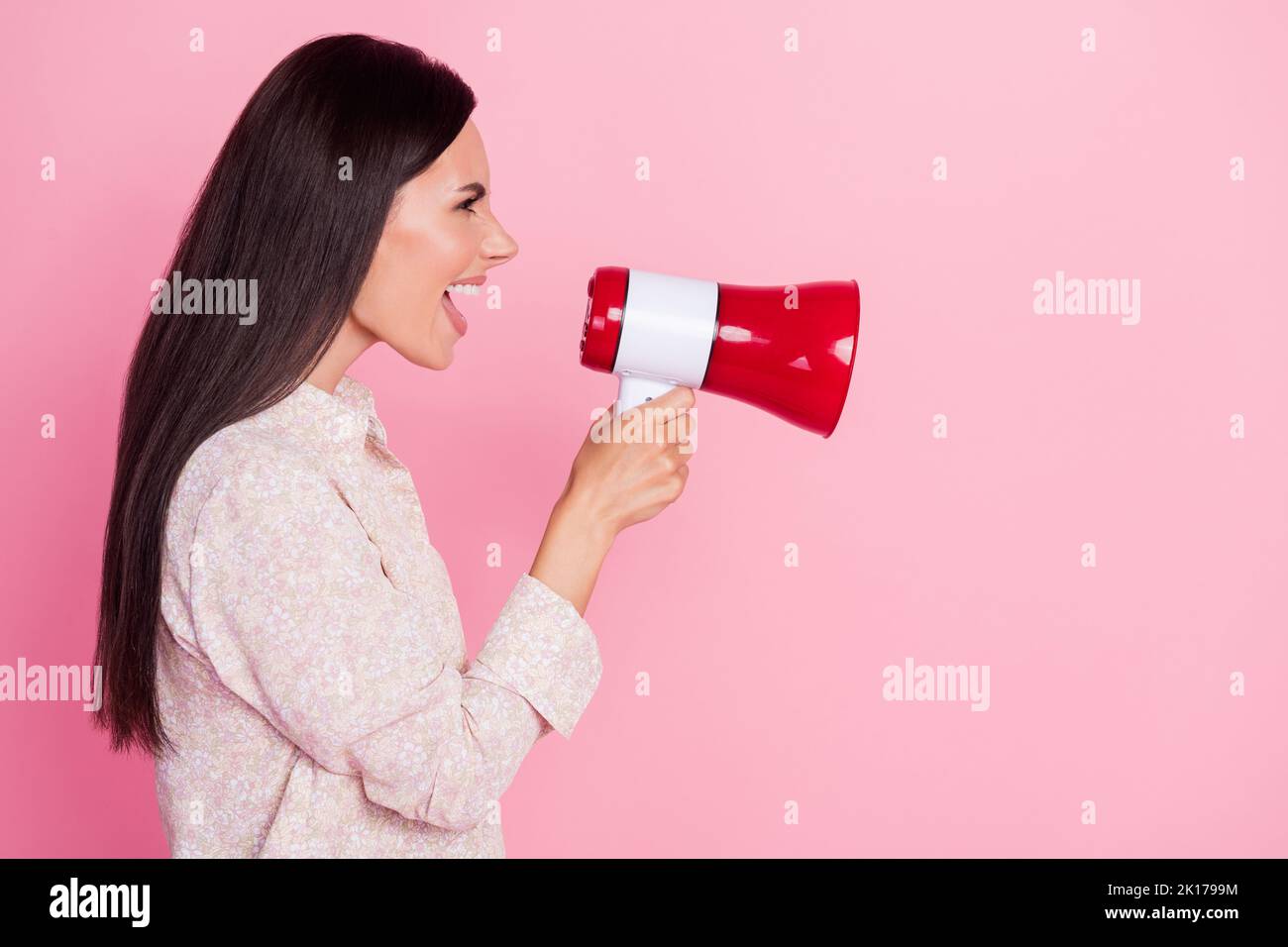 Profile side photo of furious lady executive scream bullhorn ...