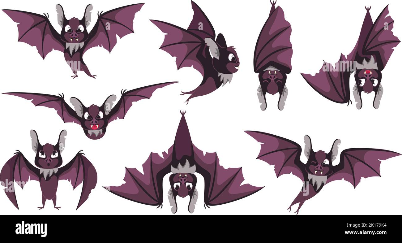 Cartoon bat character. Scary night vampire animal, flying bats in different poses and halloween ...