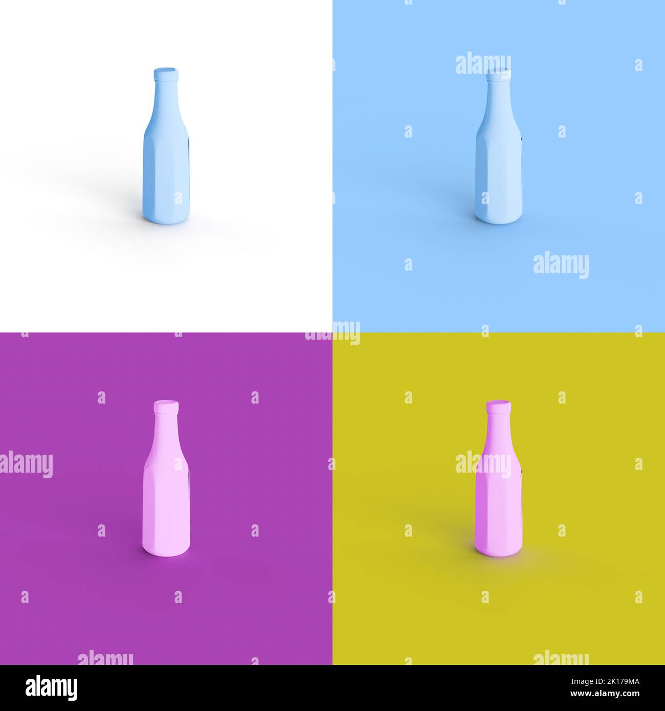 A collage of 3D rendered bottles in four different vibrant colors Stock ...