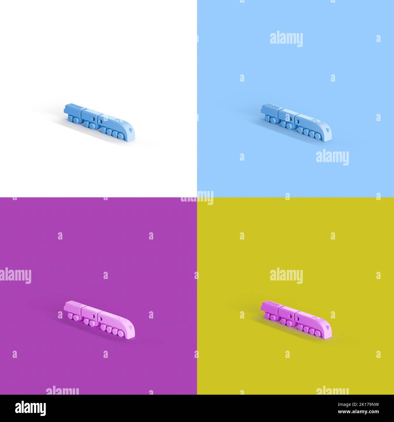 A collage of 3D rendered trains in four different vibrant colors Stock ...