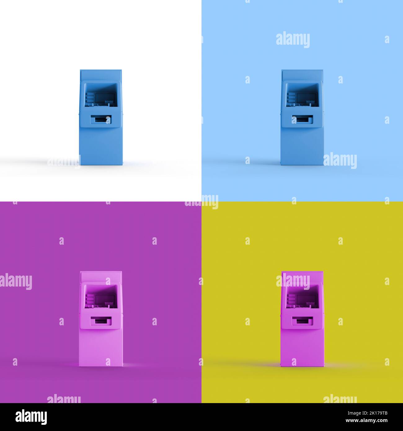 A collage of 3D rendered ATM terminals in four different vibrant colors ...