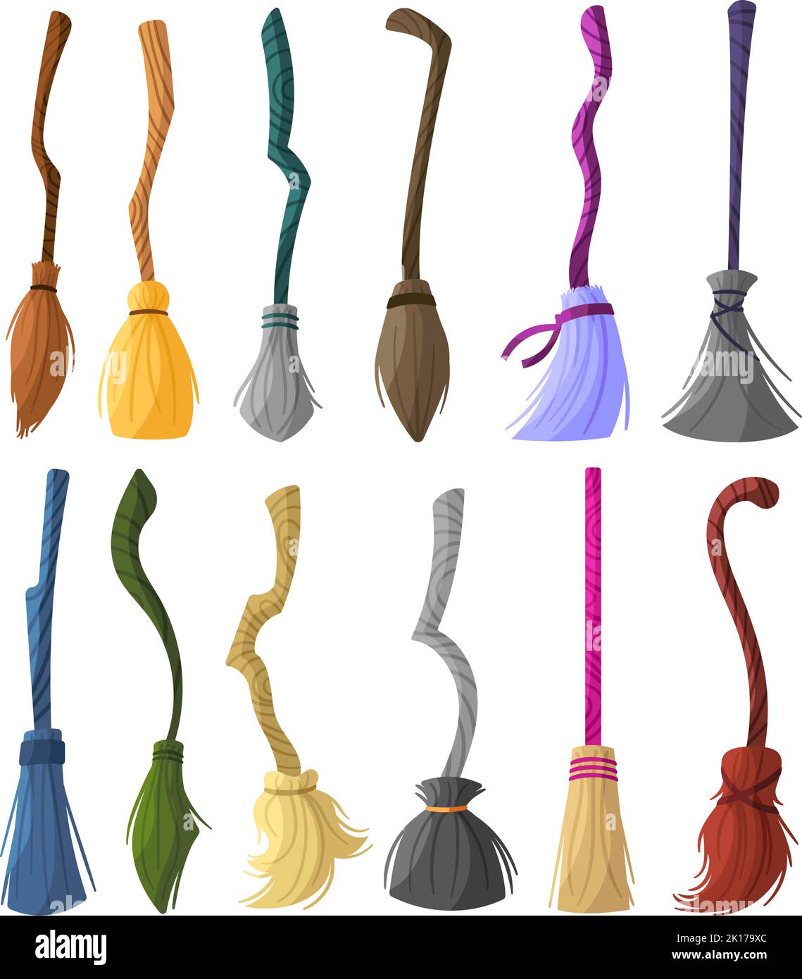 Witch brooms. Magic halloween broomstick, wizard broom and old wooden ...