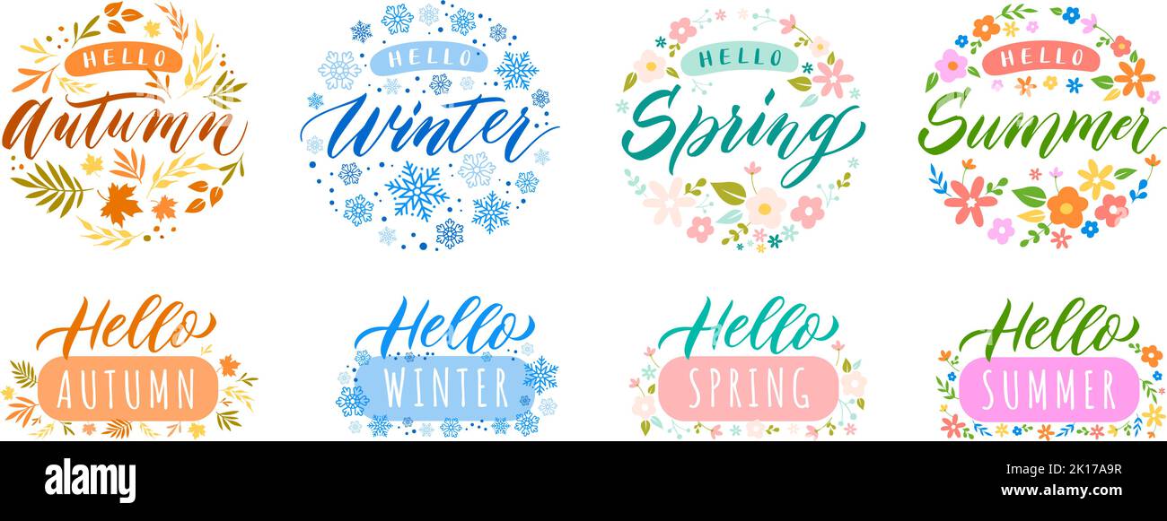 Hello season lettering badge. Autumn, Winter, Spring and Summer seasons ...