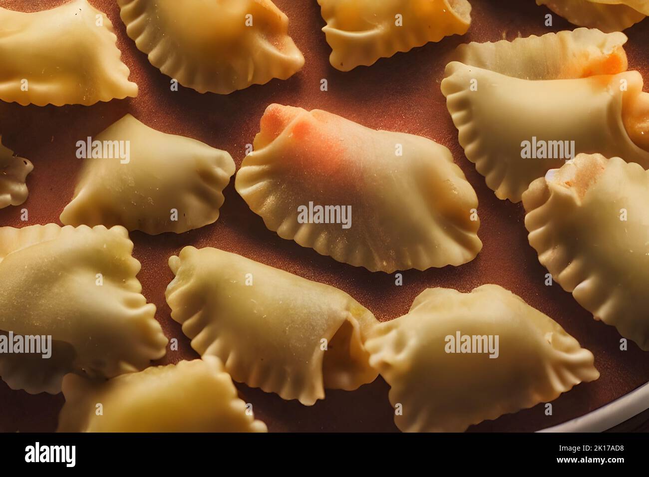 The high-angle view of stuffed pierogis over the red surface Stock ...