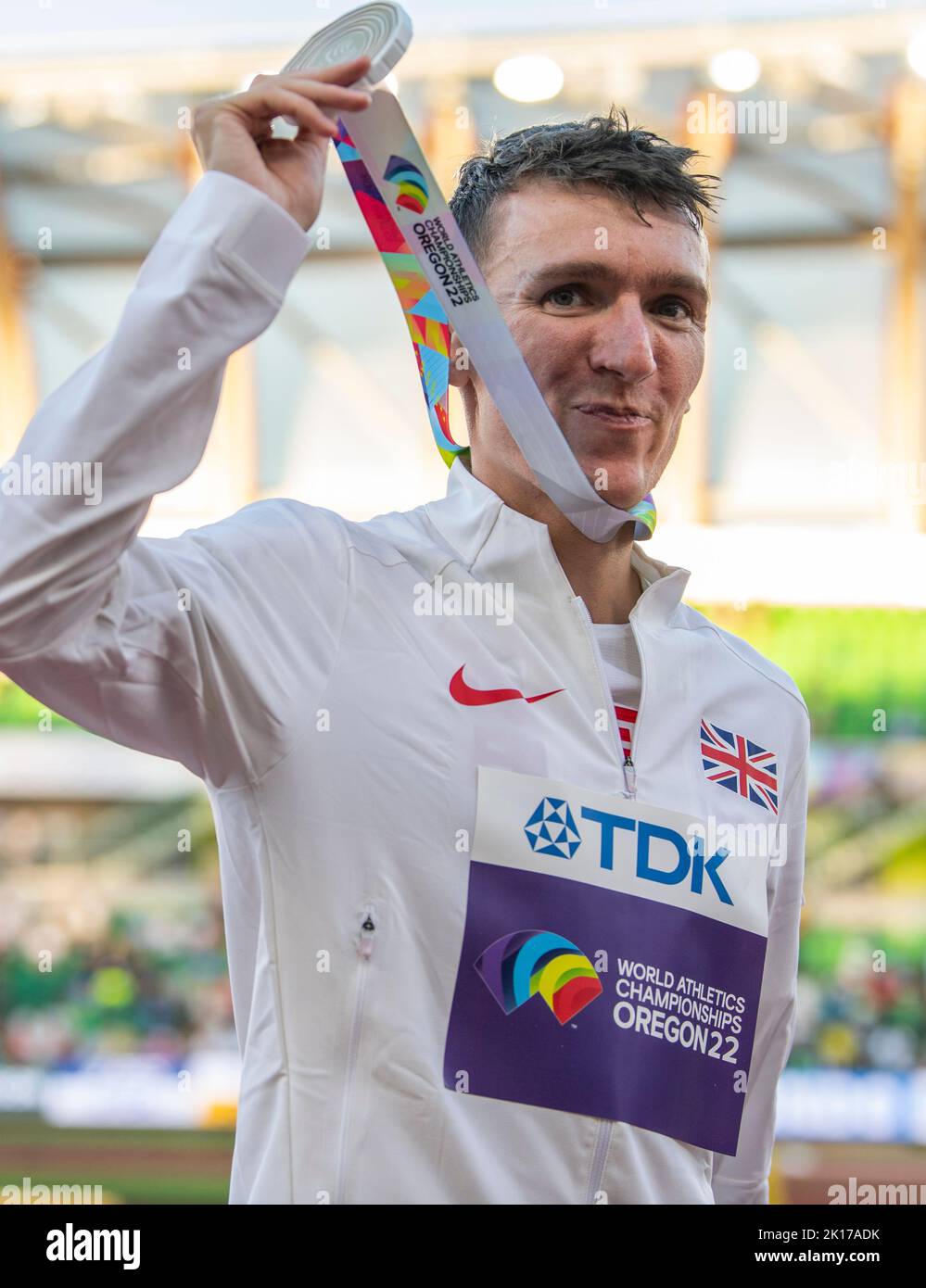 Jake Wightman of GB&NI Gold medal presentation after his win in the men ...