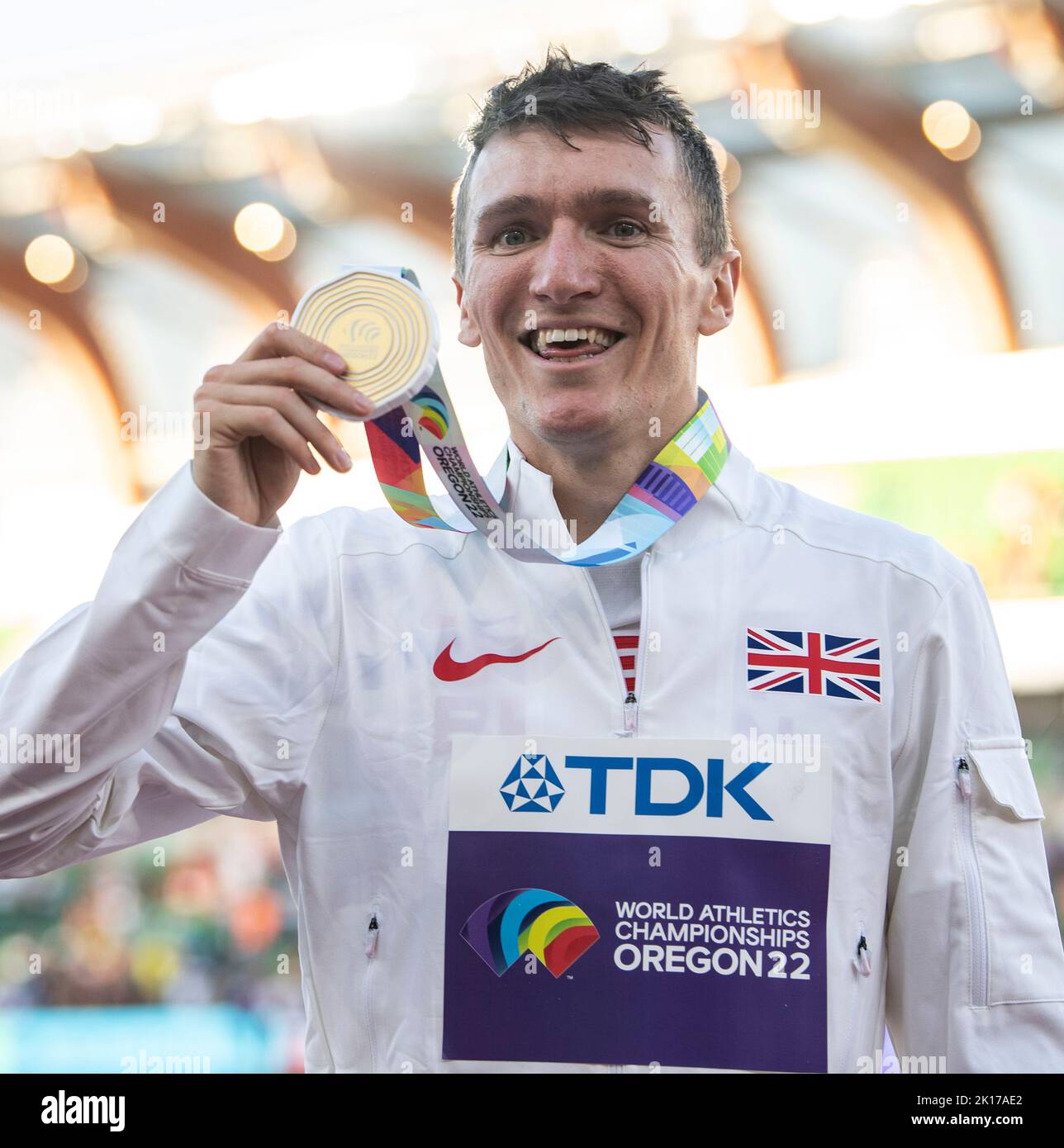 Jake Wightman of GB&NI Gold medal presentation after his win in the men ...
