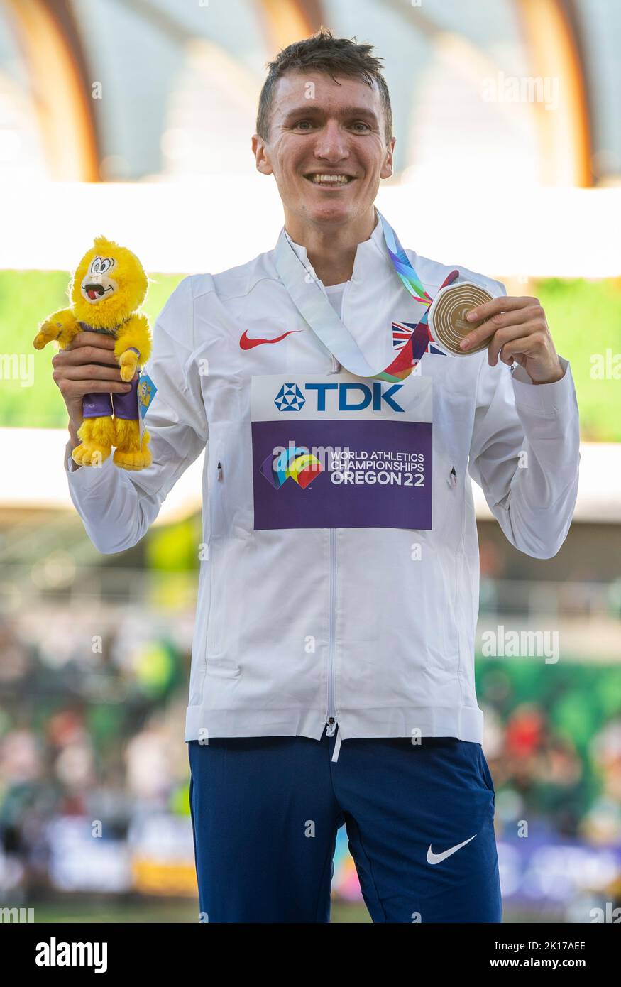 Jake Wightman of GB&NI Gold medal presentation after his win in the men ...
