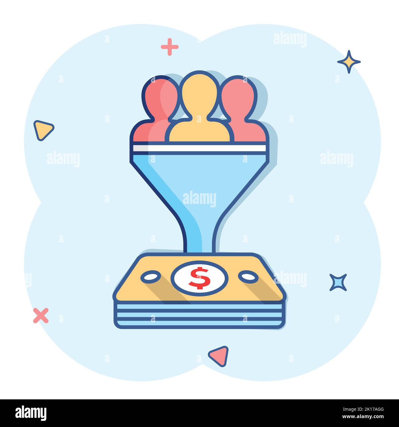 Lead management icon in comic style. Funnel with people, money vector ...