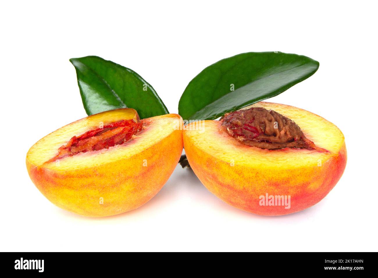 Peach sliced into two halves with leaf on white background isolated ...
