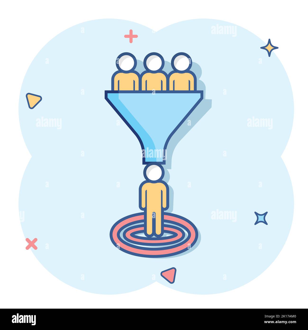 Lead management icon in comic style. Funnel with people vector cartoon ...