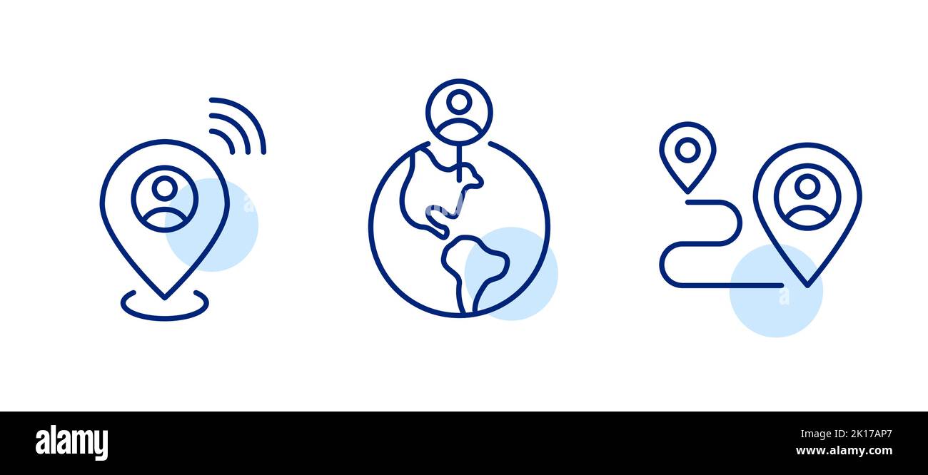 Set of map pointers showing personal device location. Pin on Earth globe and path tracking ...