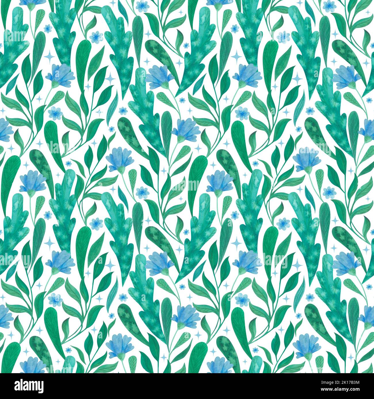 Green leaves and branches with blue flowers and stars. Watercolor ...