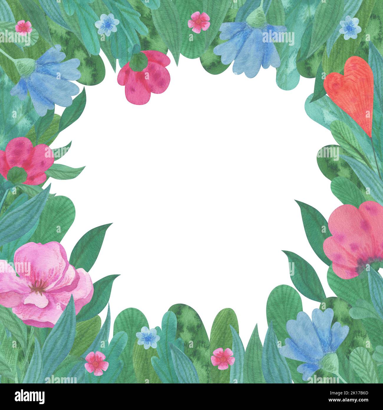 Frame with wildflowers. Pink and blue flowers. Vegetable border ...