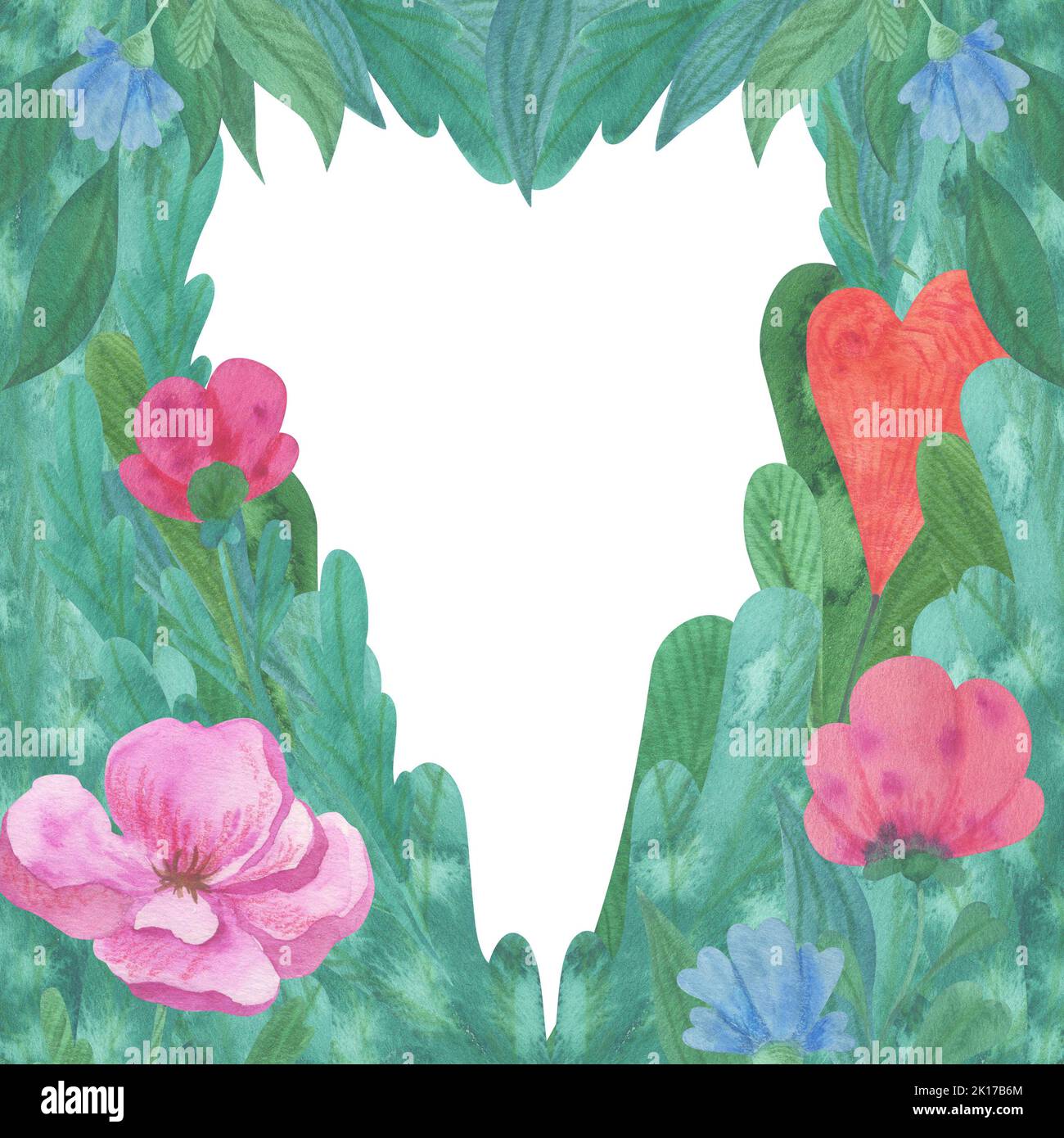 Floral frame in the shape of a heart. Watercolor flowers and leaves ...