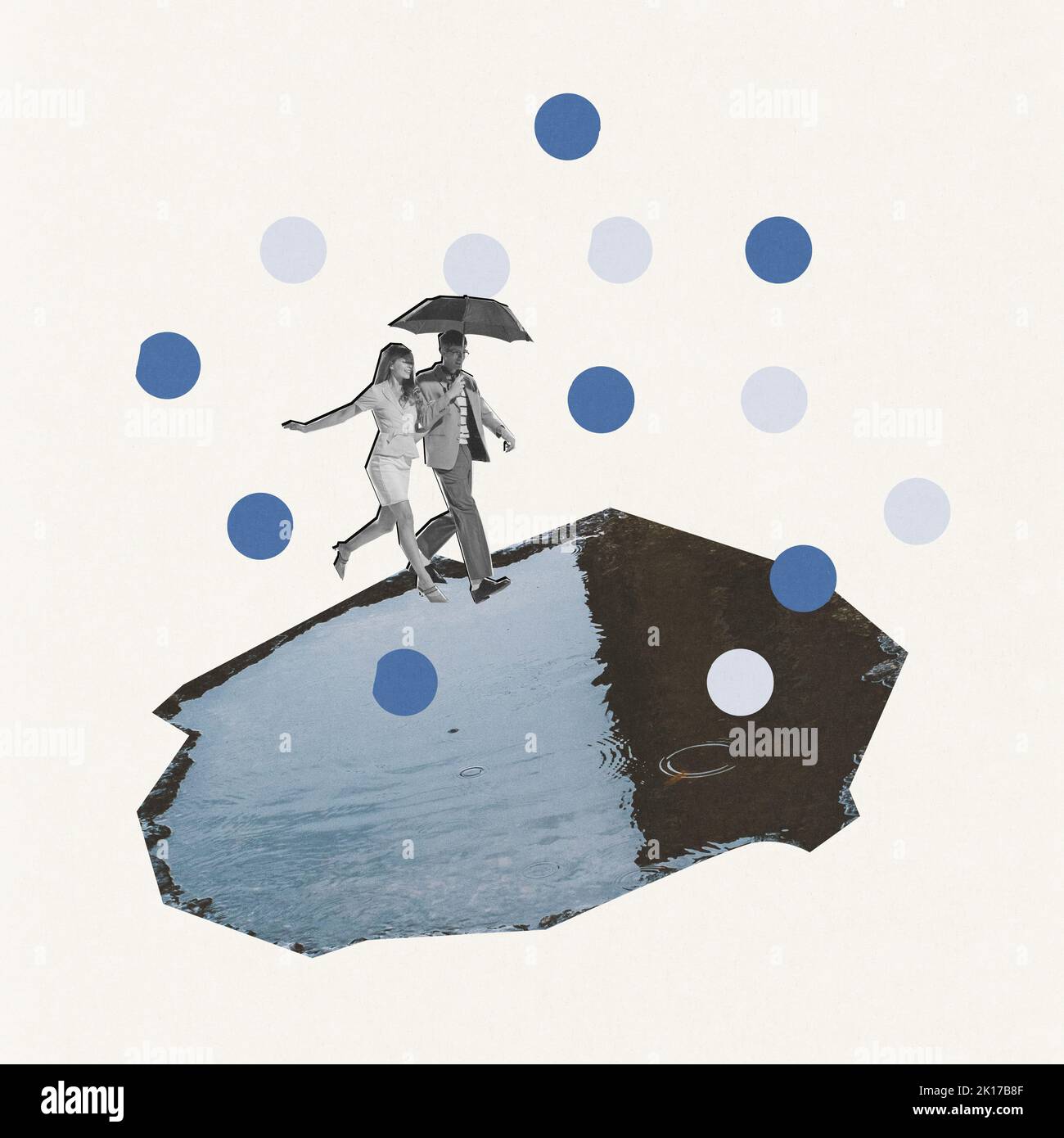 Contemporary art collage. Young couple, man and woman with umbrella ...