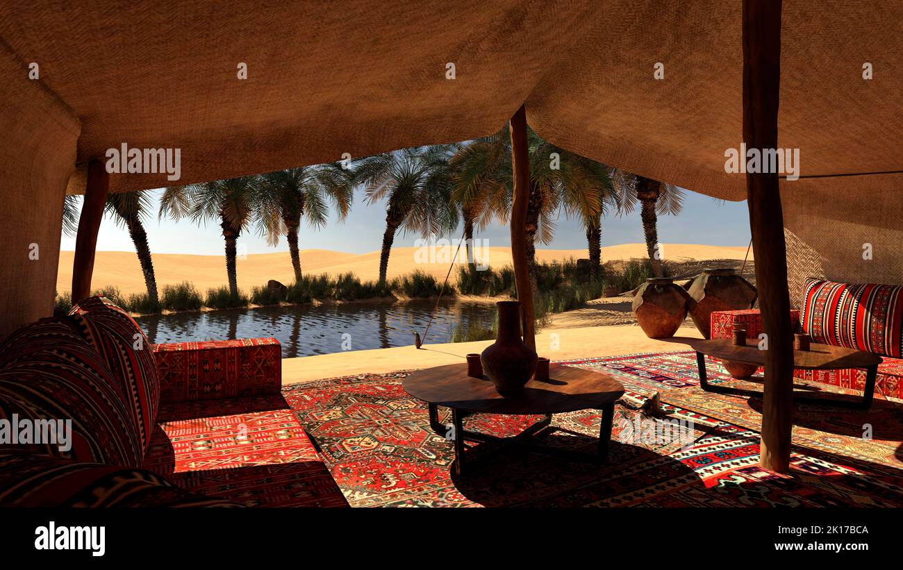 3D rendering of an oasis tent in a desert Stock Photo - Alamy