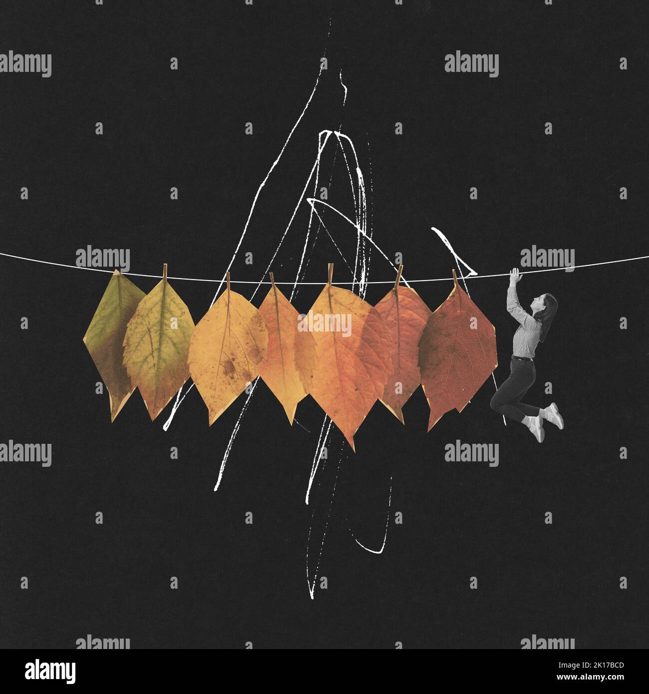 Contemporary art collage. Creative design with yellow autumn leaves on ...