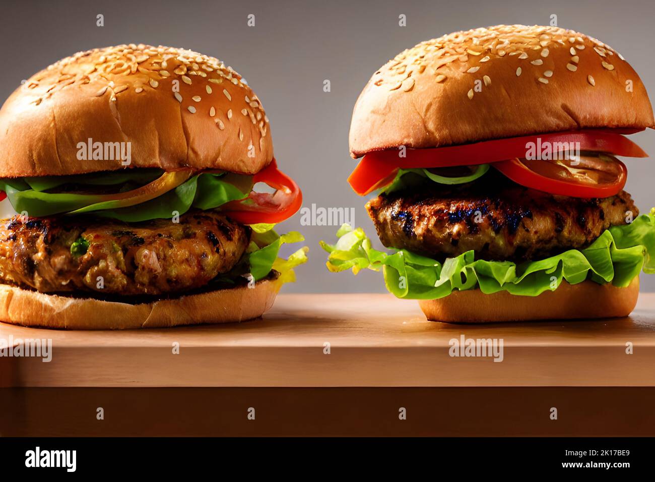 Two appetizing burgers with grilled meat and vegetables Stock Photo - Alamy