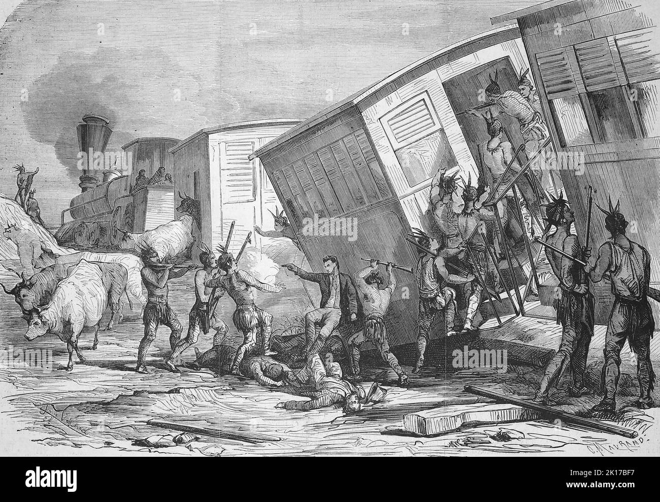 Indianer der Sioux überfallen einen Zug der Linie Pazifik Railroad im ...