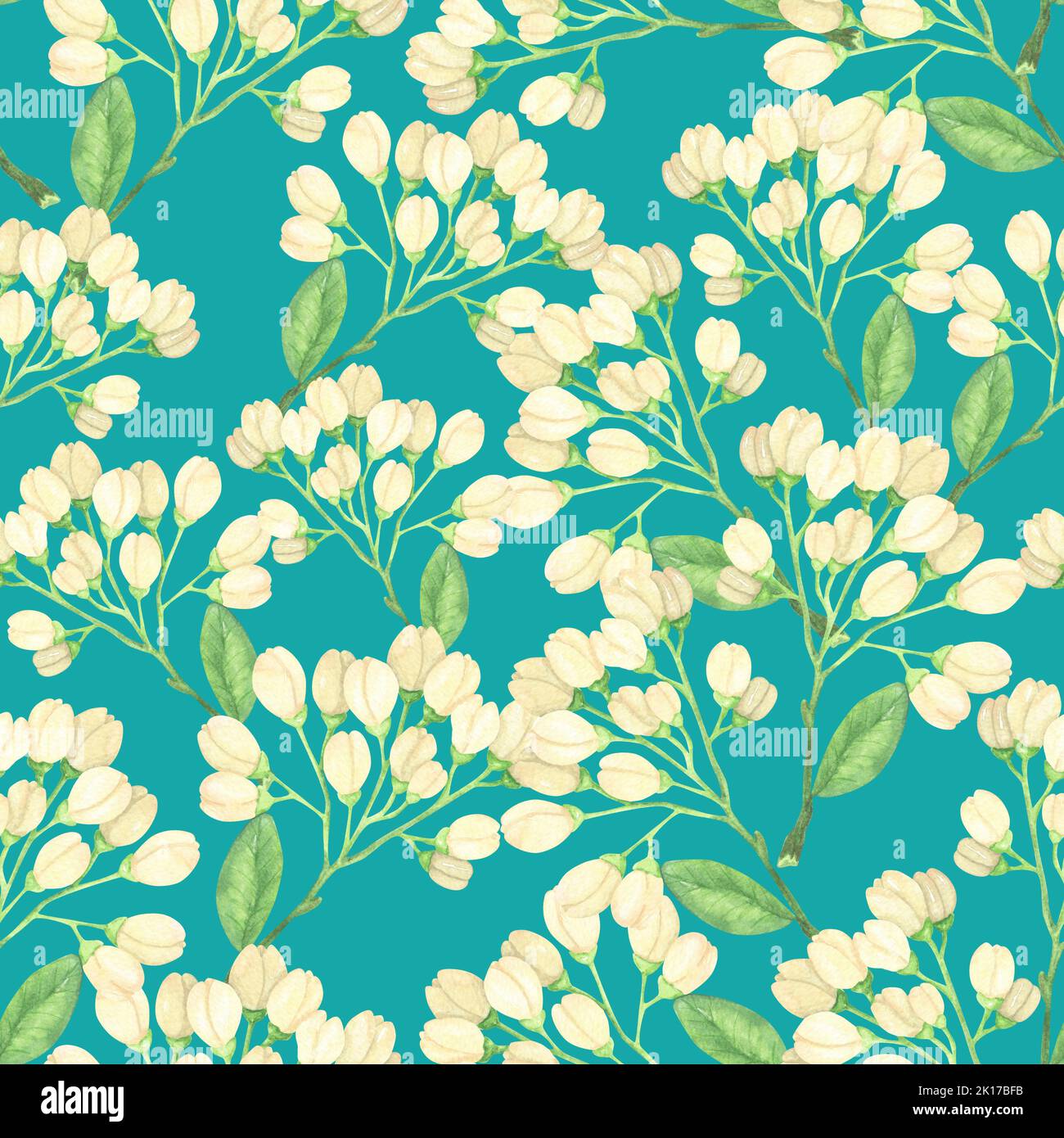 Small Cherry Buds On The Branches Beige Flowers And Green Leaves Watercolor Seamless Pattern