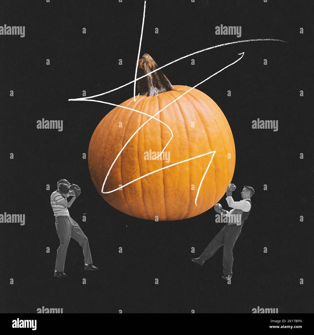 Contemporary art collage. Two men, friends having fun together, boxing ...