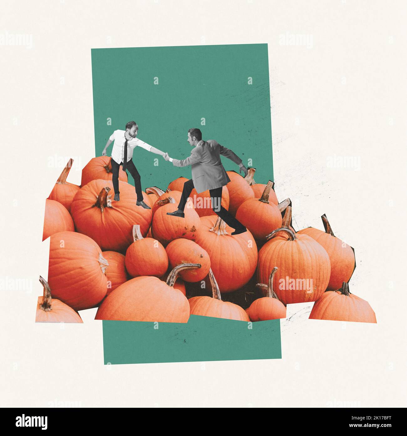 Contemporary art collage. Two men standing on pumpkins and holding ...
