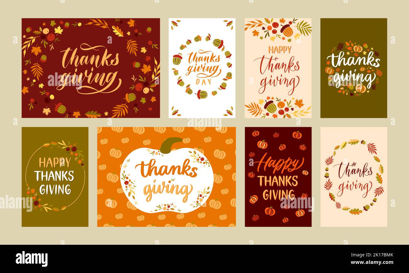 Thanksgiving day cards. Autumn holiday lettering with fall leaves and ...