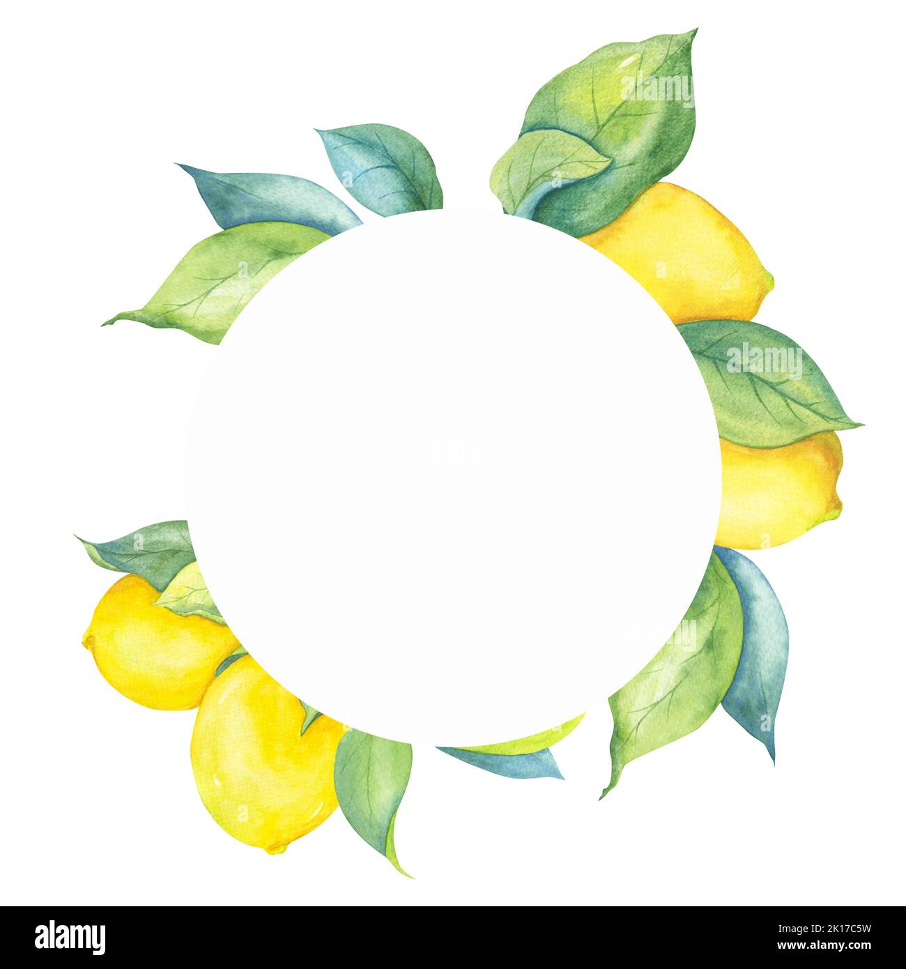 Frame for cards and invitations with bright lemons. Round wreath with ...