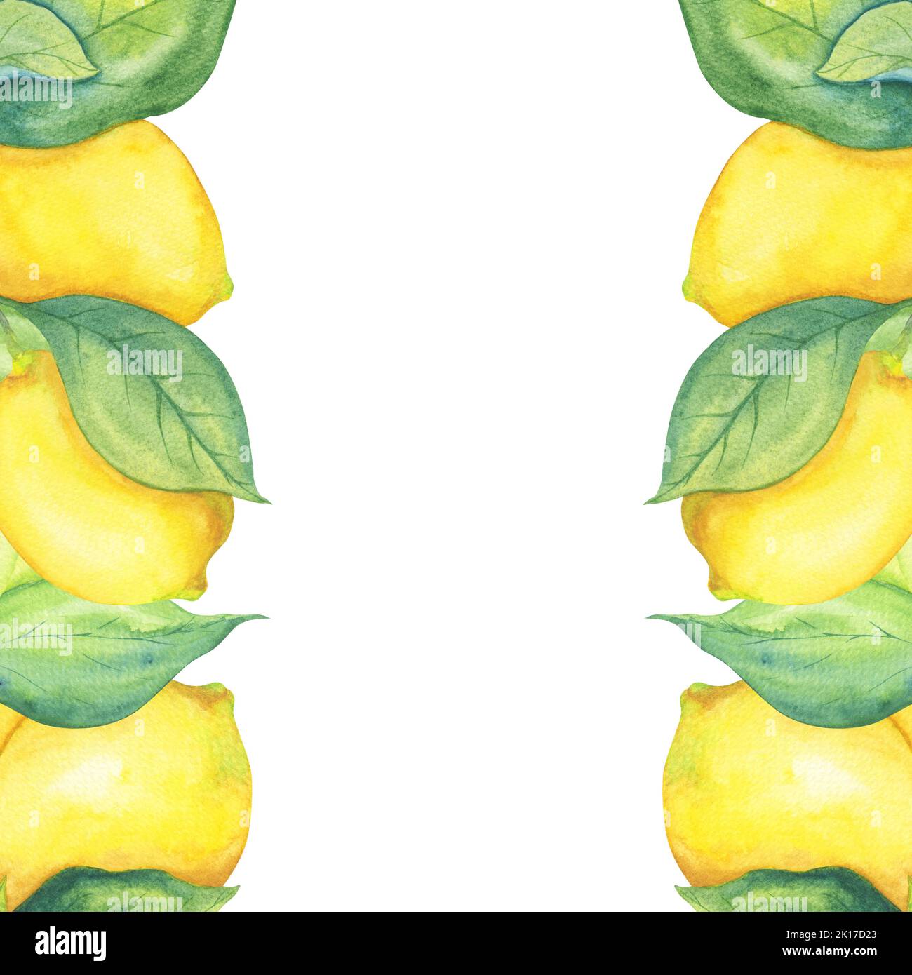 Decorative vertical frame with yellow lemons. Watercolor illustration of ripe citrus fruits on a ...