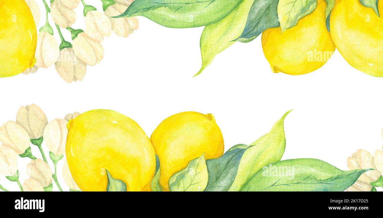 Watercolor yellow lemons, flowers and green leaves. Sun citrus seamless ...