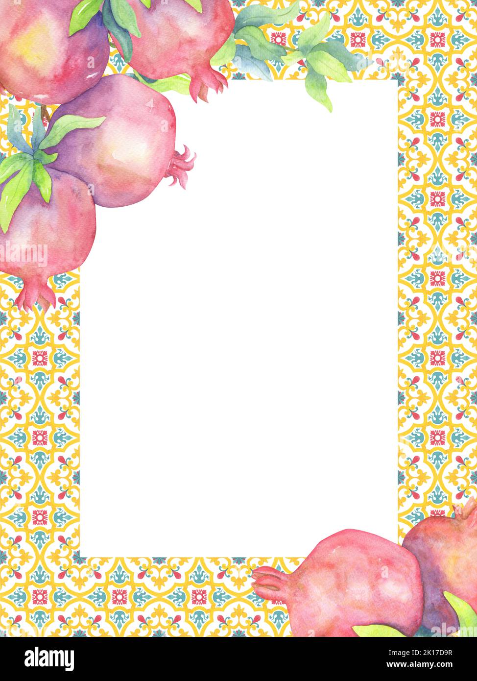 Watercolor decorative frame with pomegranates and tiles. Rectangular ...