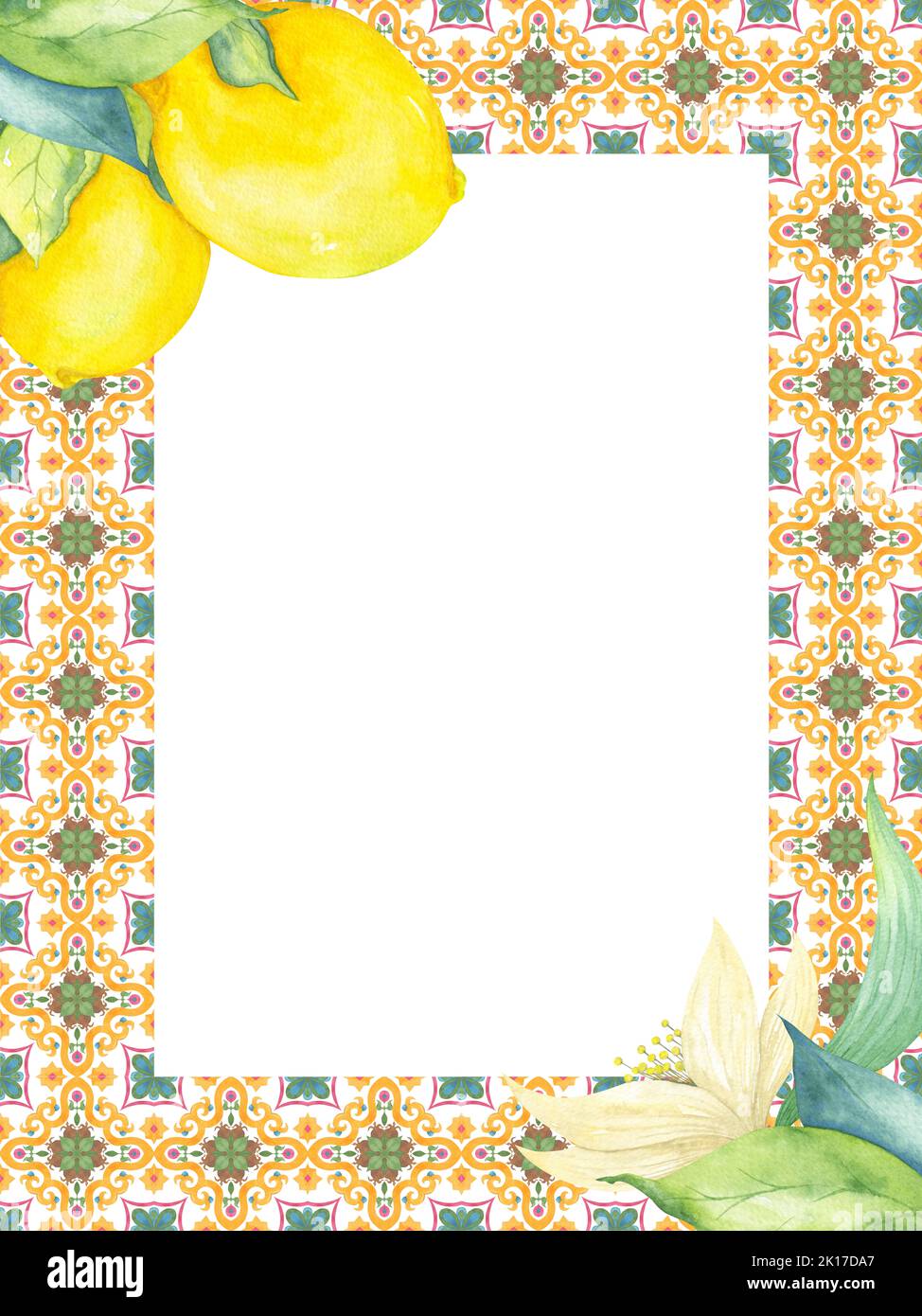 Vertical frame with a mosaic pattern around the edges and lemons ...