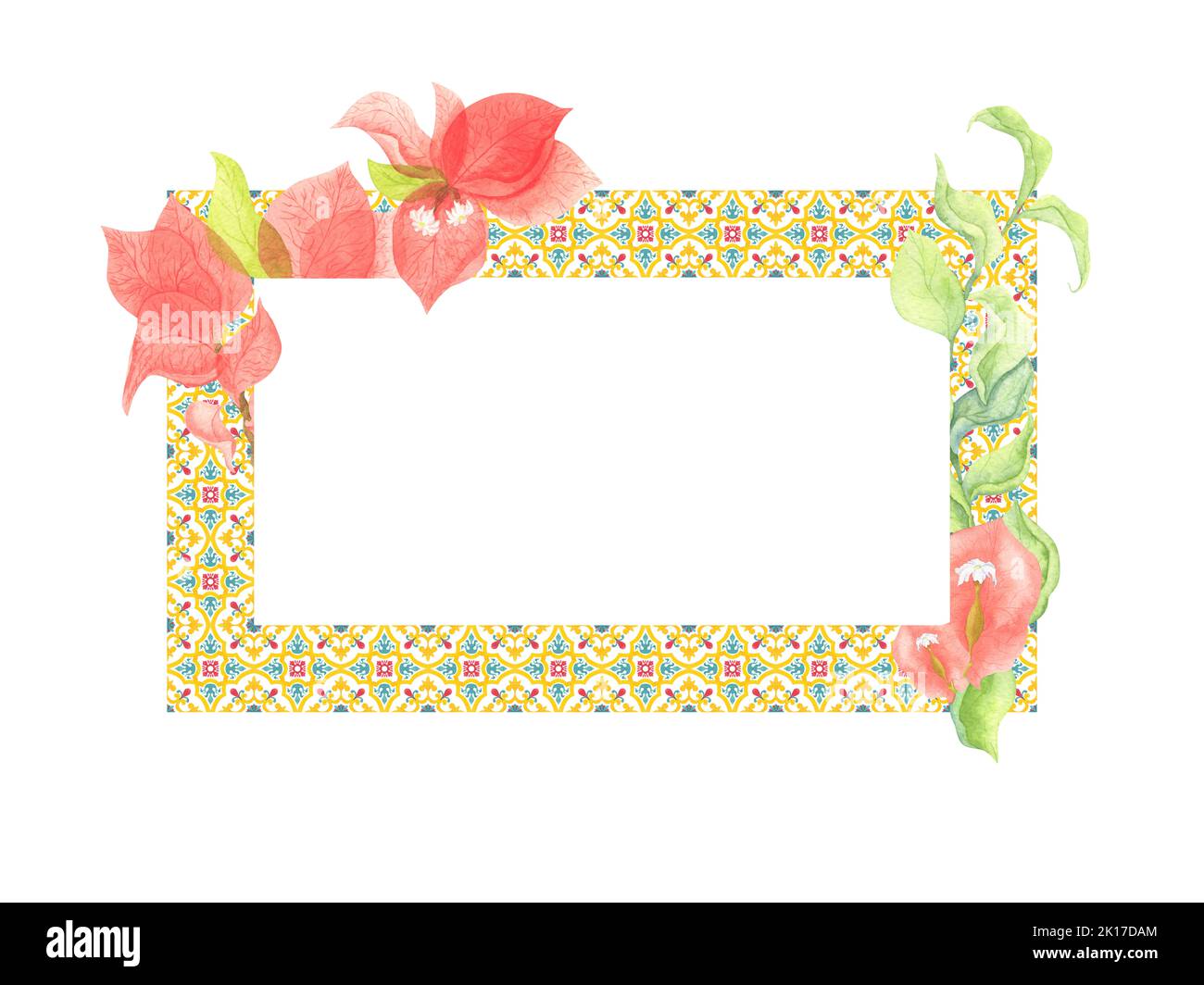 Watercolor decorative frame with bougainvillea flowers and geometric ...