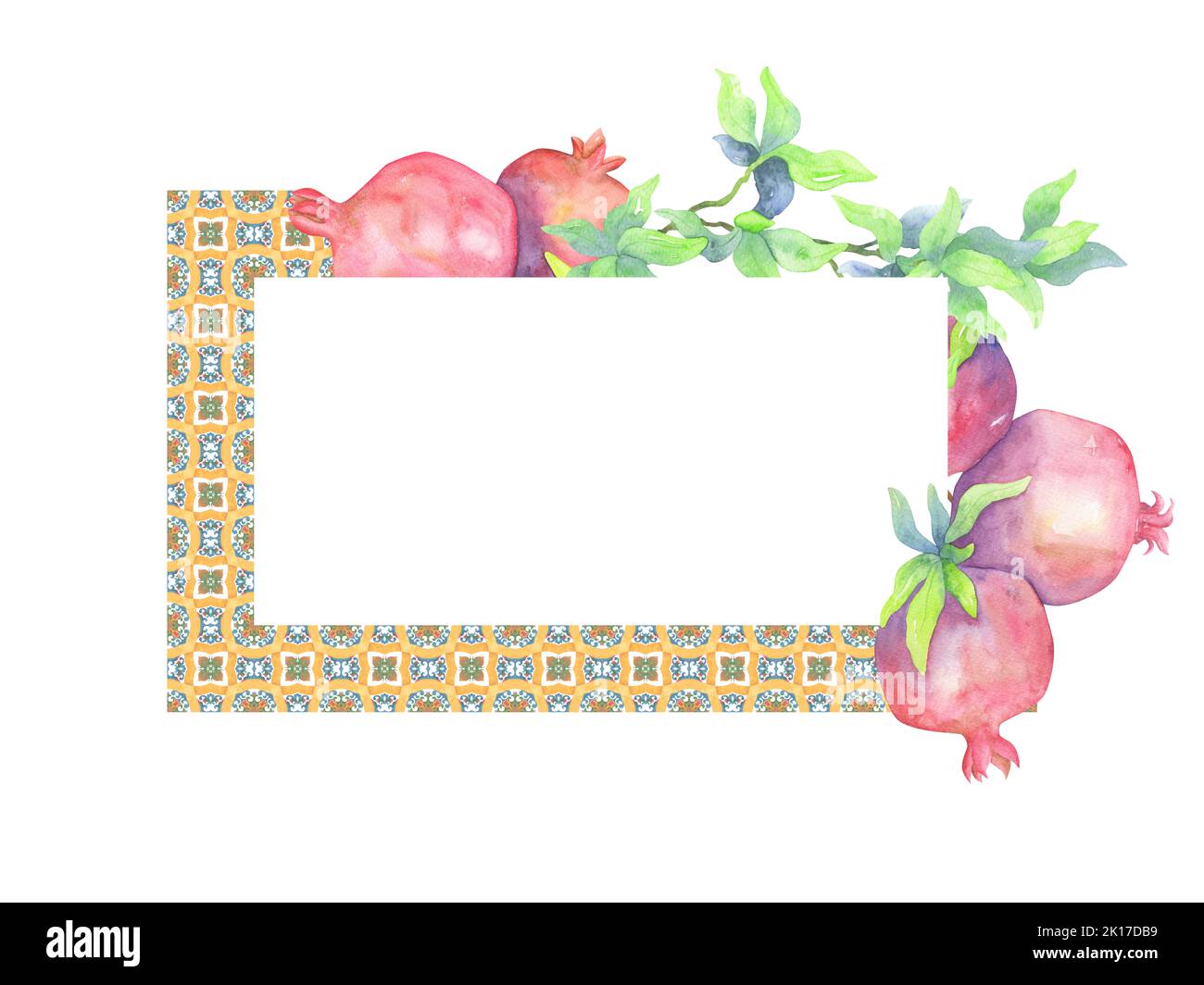 Vertical frame made of juicy pomegranates with plant arabesque. Red ...