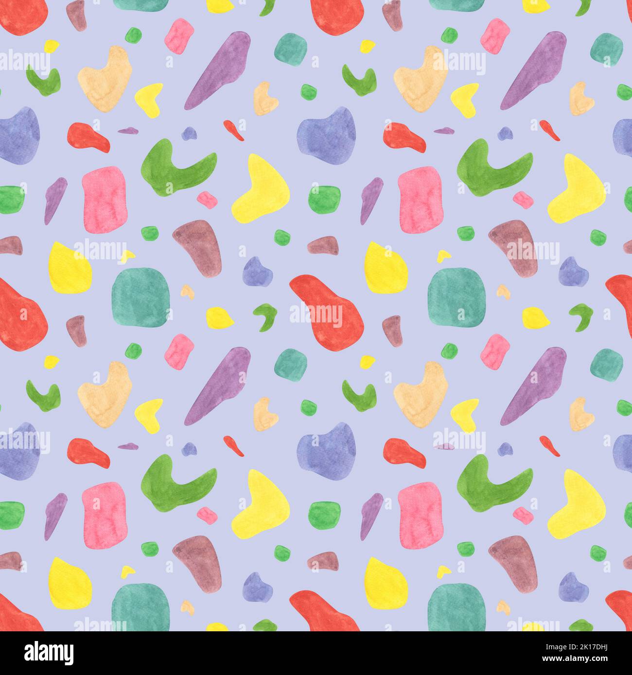 Bright spots in terrazzo style. Watercolor seamless pattern on a lilac ...