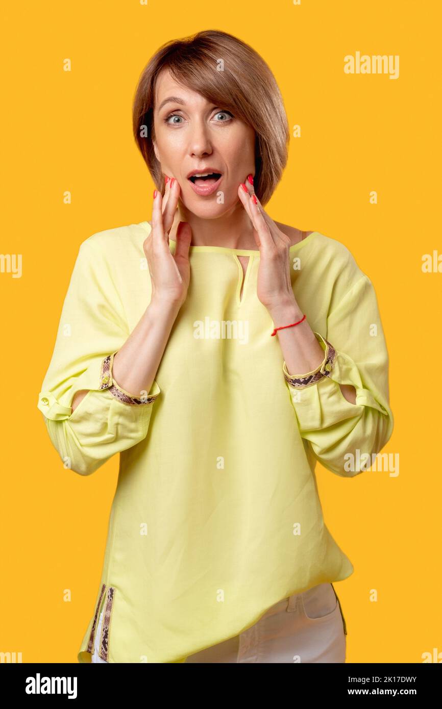 Surprised woman. Wow unbelievable. Exciting news. Shock discovery ...