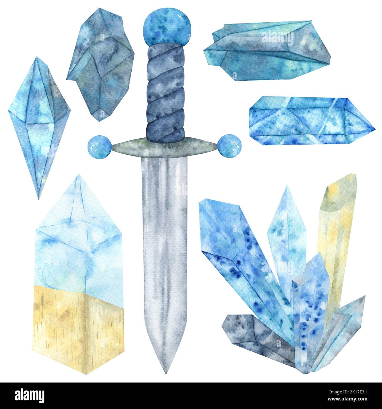 Crystals of blue and beige colors and a steel dagger. Watercolor ...