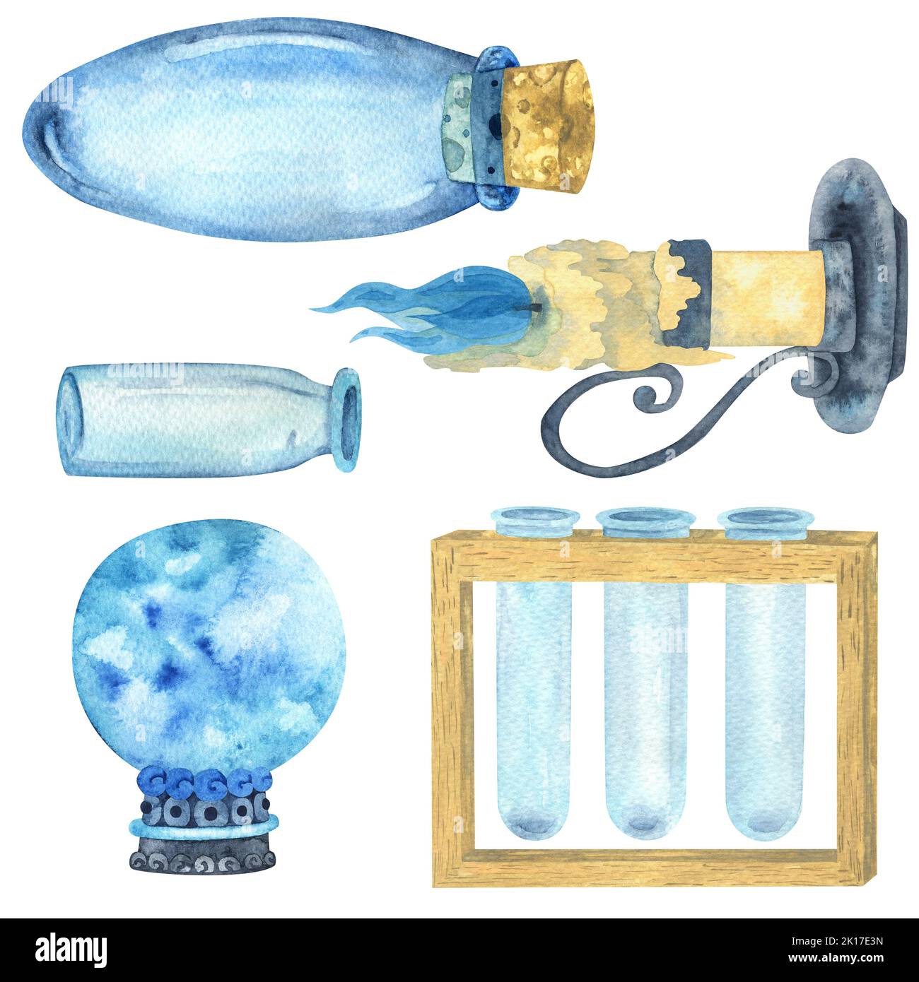 A set of glass magic items: ball, flasks. Watercolor drawing in blue ...