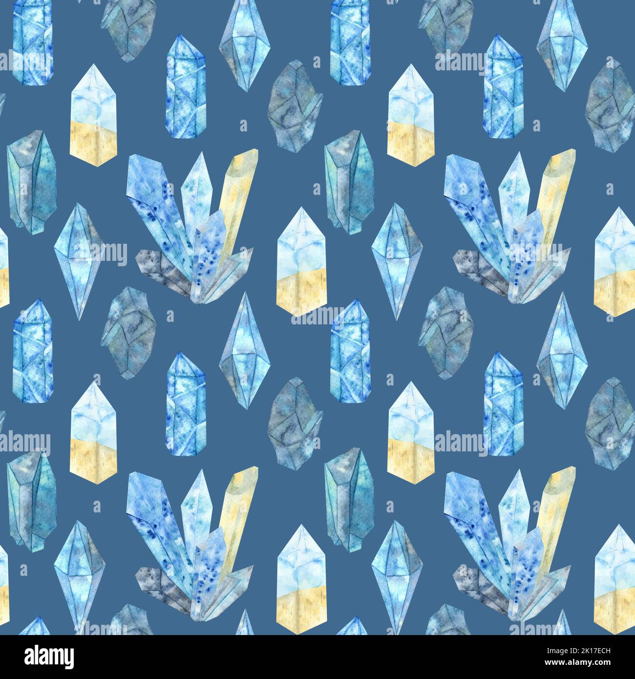 Pattern of watercolor mystical crystals. Blue, gray and beige stones on ...