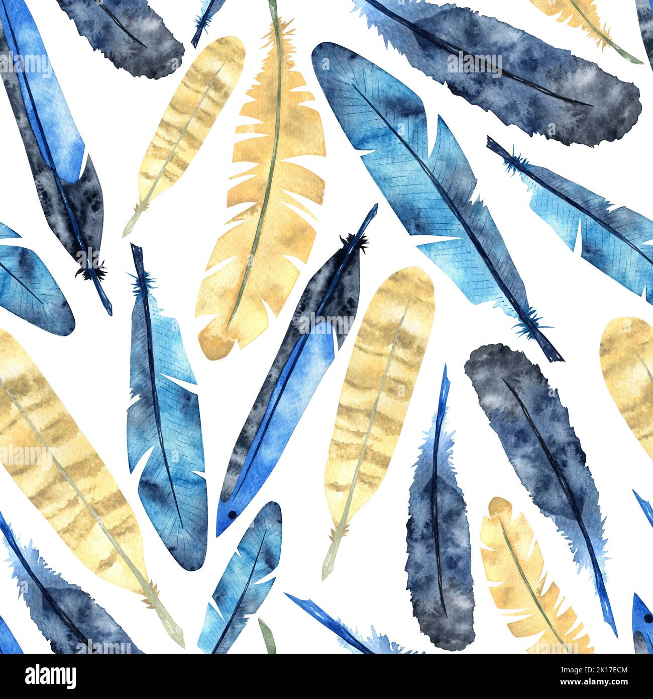 Bird feathers in blue and ocher colors. Airy and light watercolor ...