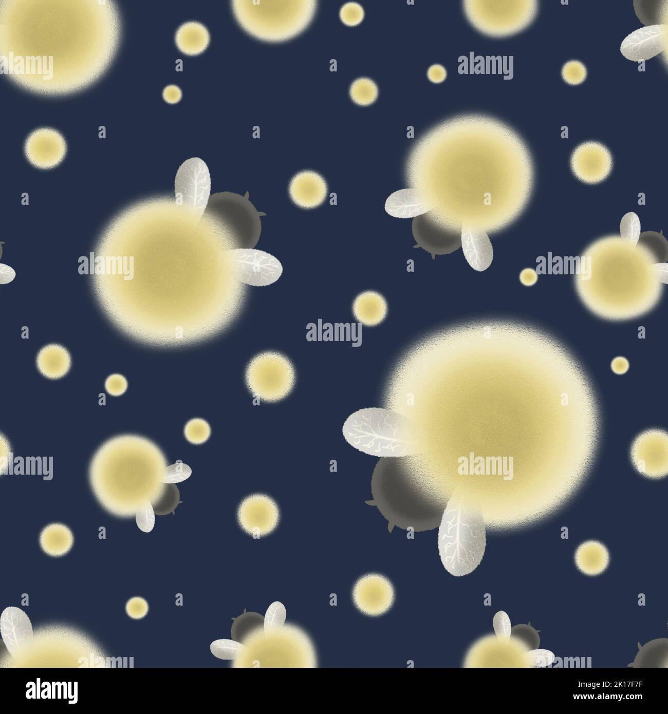 Round yellow insects. Geometric pattern with fireflies on a dark blue ...