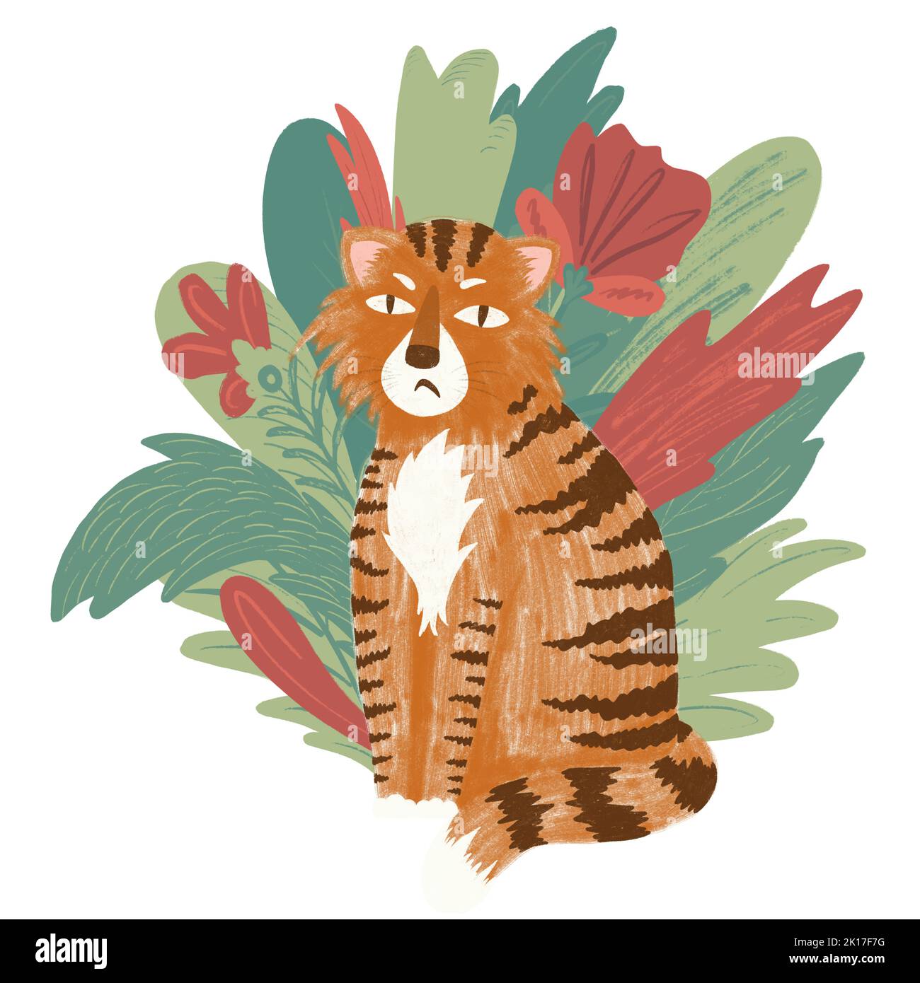Illustration with a disgruntled tiger on a jungle background. Isolated ...