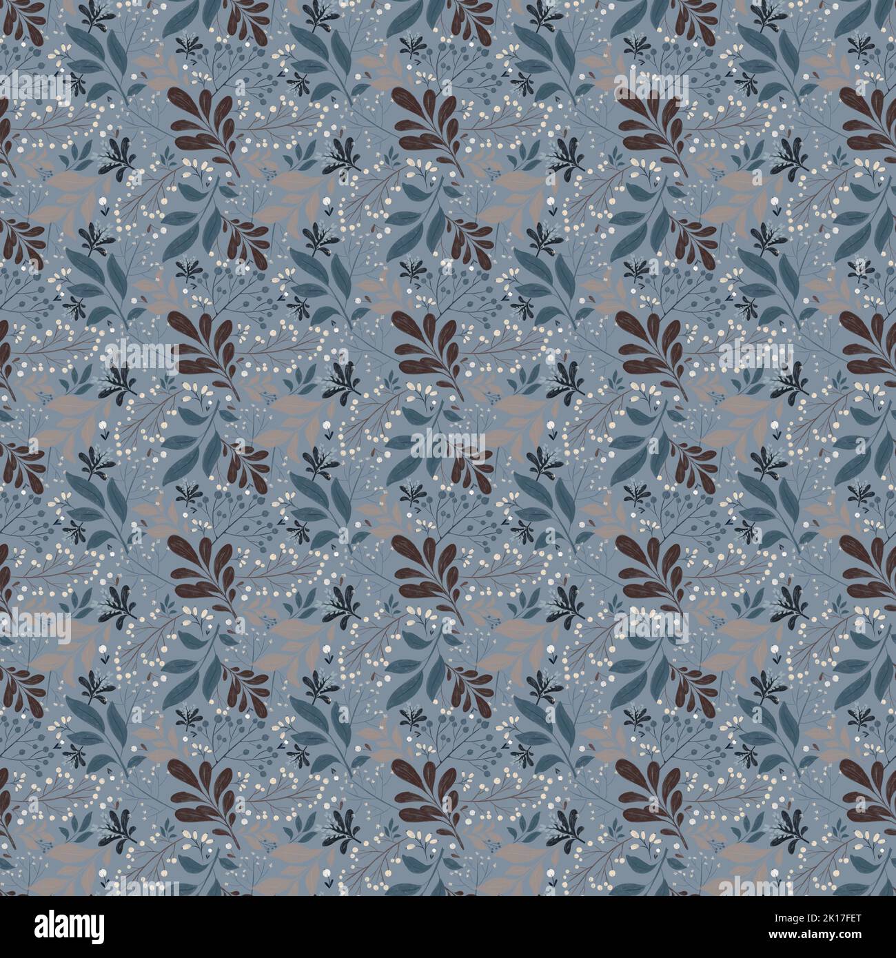 Cold print with dry winter plants. Seamless botanical pattern on a blue ...