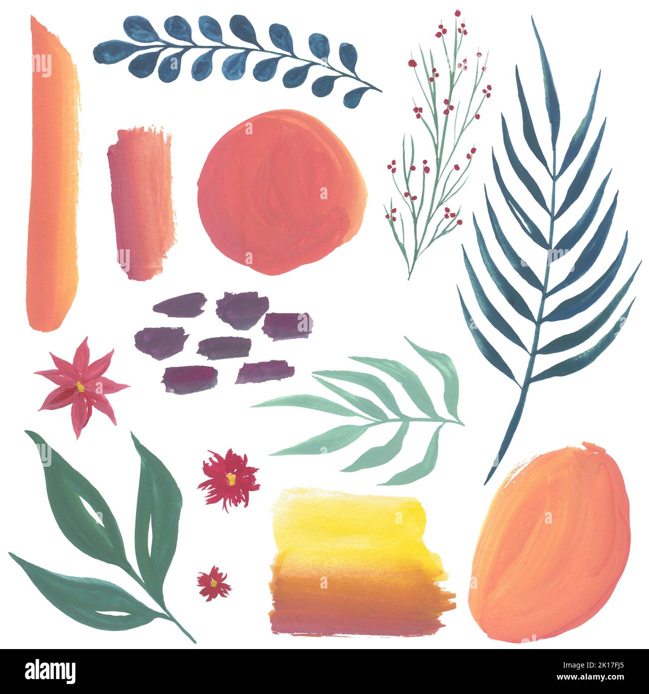 Gradient spots and tropical plants. Set of abstract elements ...