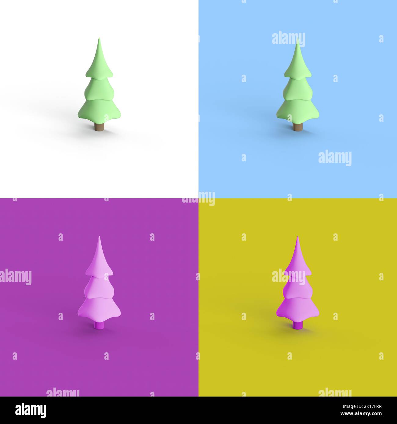 A collage of 3D rendered trees in four different vibrant colors Stock ...