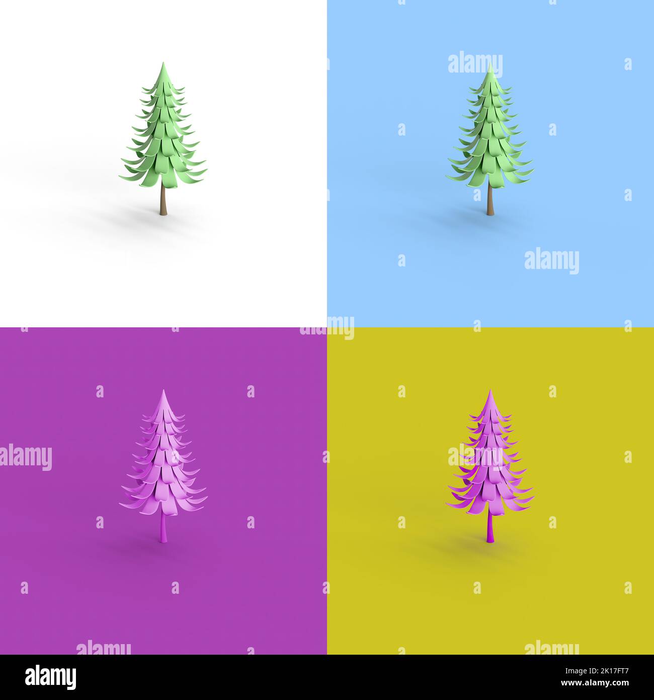 A collage of 3D rendered trees in four different vibrant colors Stock ...