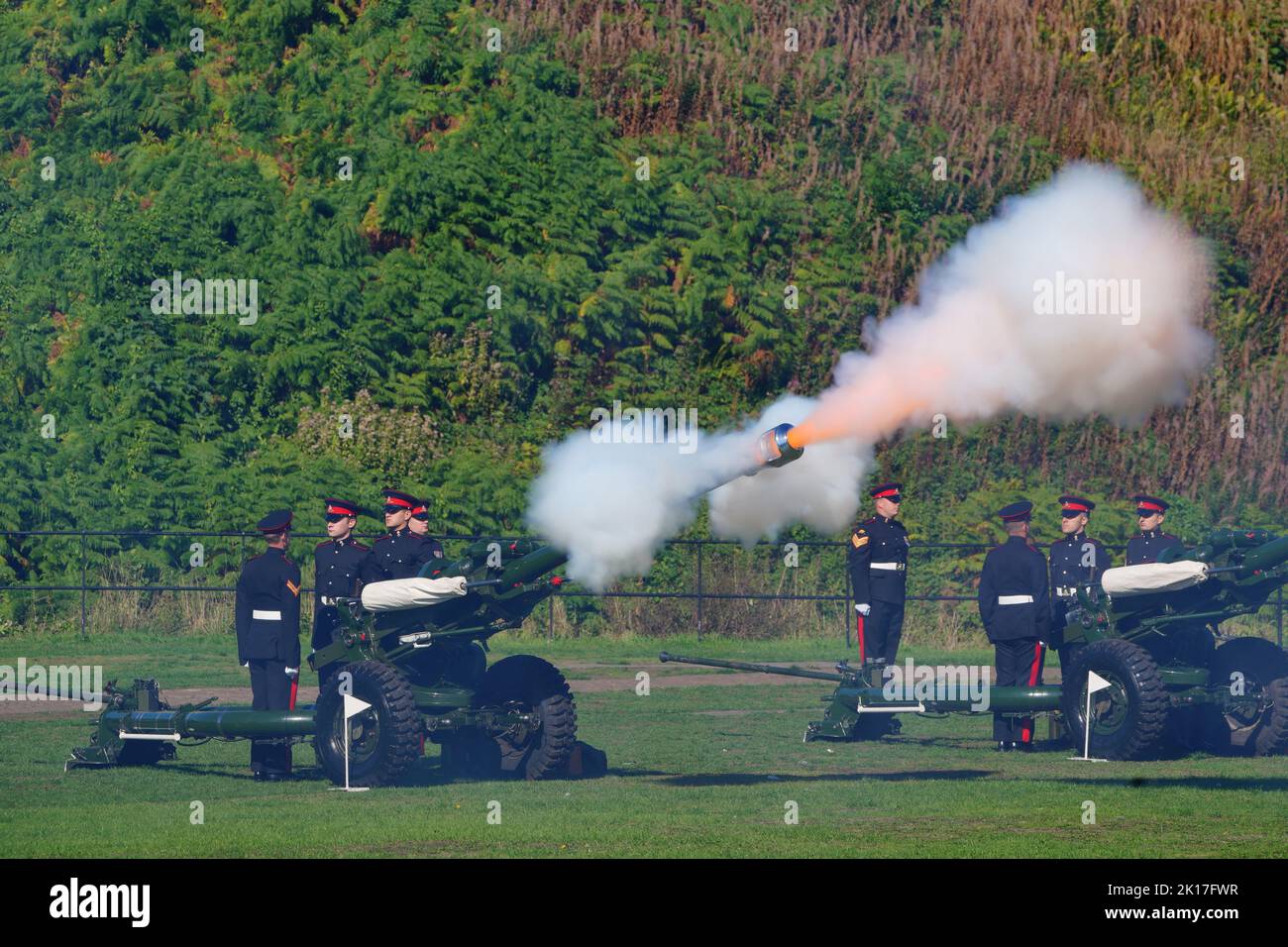Reservists from 104 Regiment Royal Artillery fire a royal gun salute ...