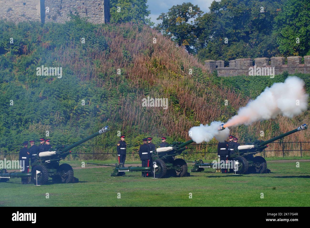 Reservists from 104 Regiment Royal Artillery fire a royal gun salute ...