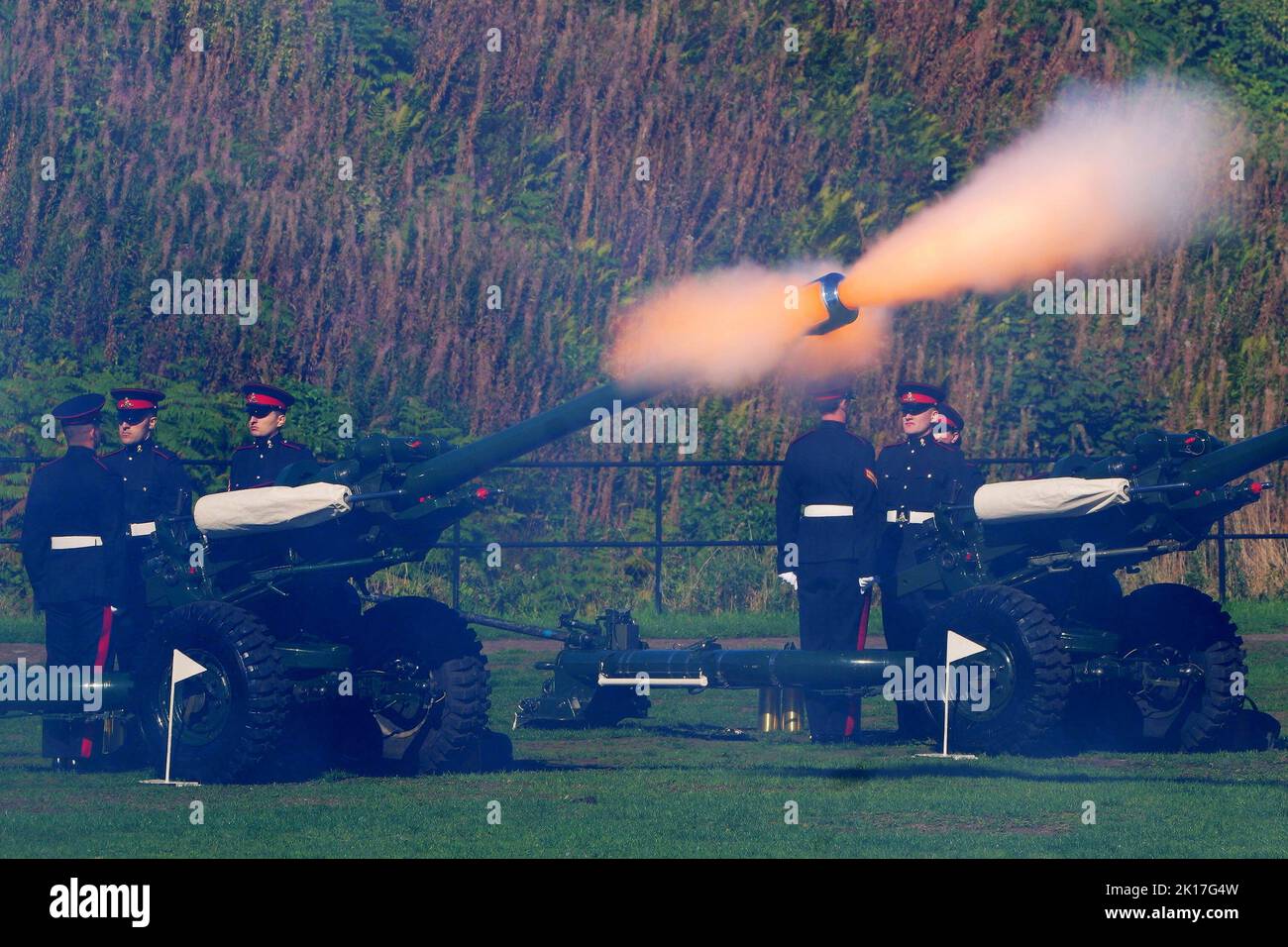 Reservists from 104 Regiment Royal Artillery fire a royal gun salute ...
